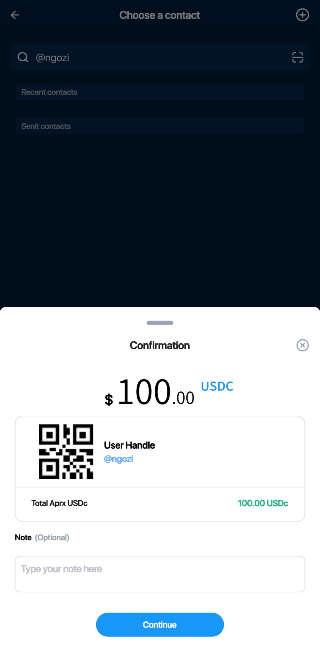 How do I send USDC to a contact? - Senit